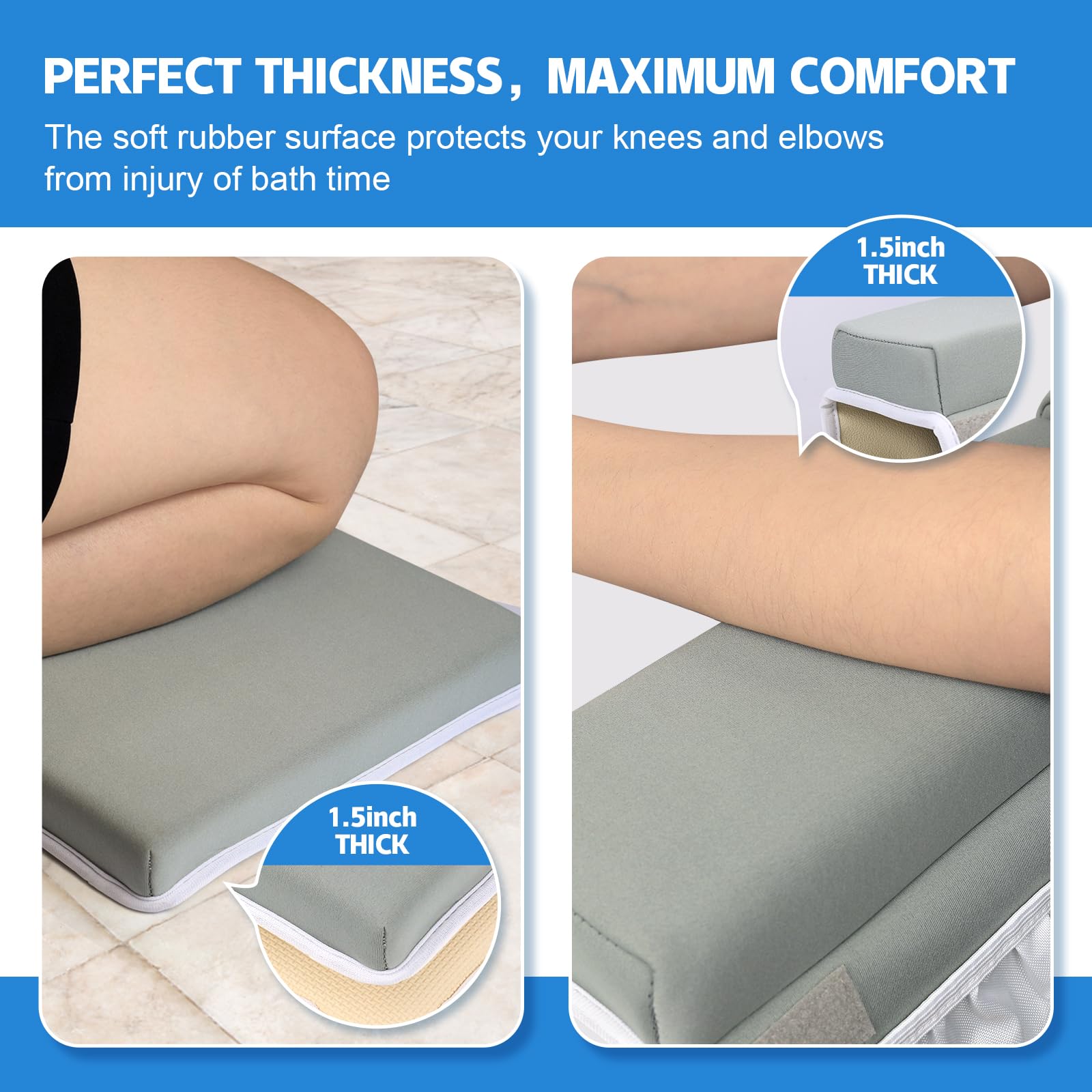 Baby Bath Kneeler and Elbow Rest Pad Set, Super Thick Non-Slip Bathing Kneeling Mat Quick Drying Foldable Knee Pad for Bathing Babies and Toddler Bathing with Toy Organizer Pockets, Gray