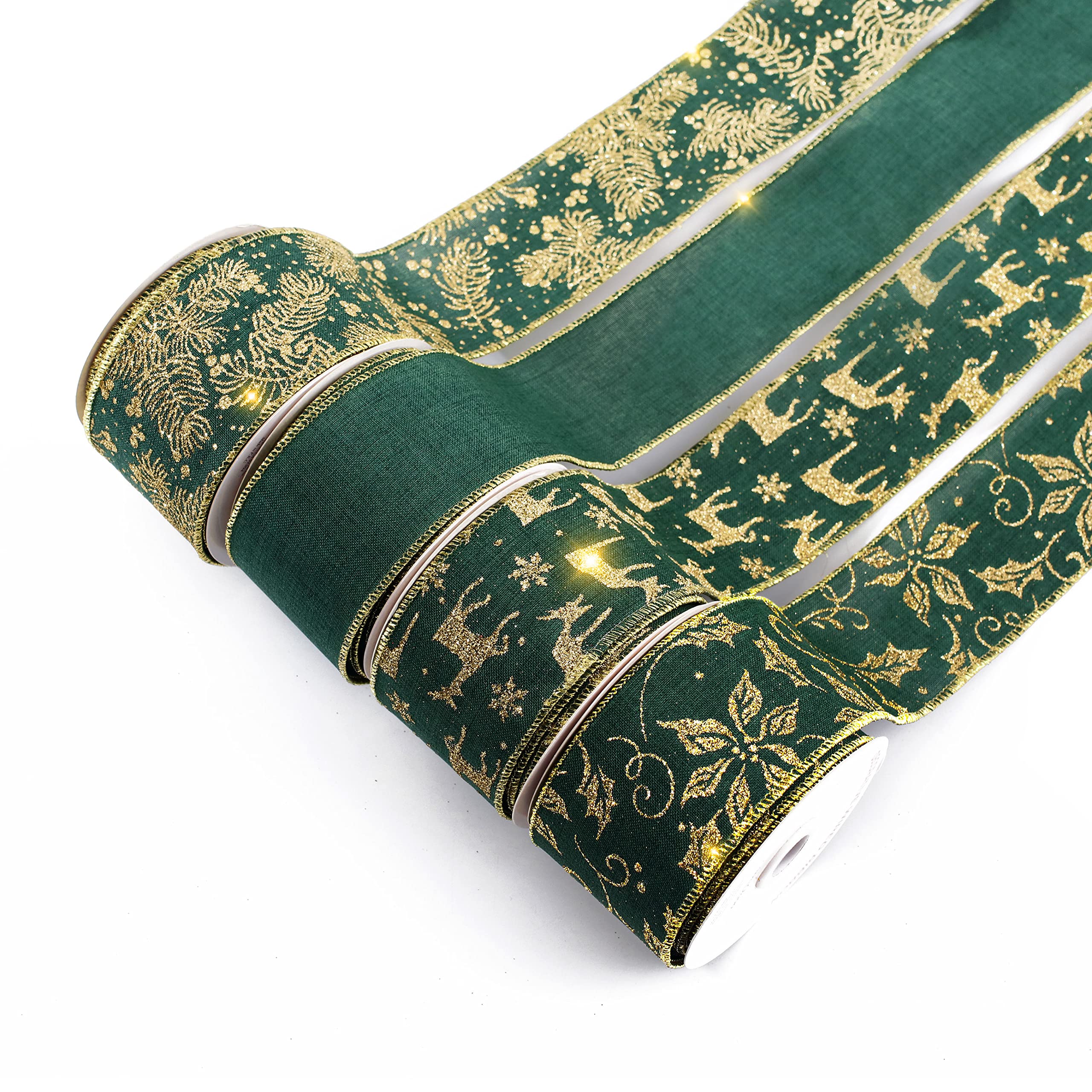 UNIQOOO 40 Yards 4 Rolls Seamless Green Christmas Wired Ribbon Set, 2.5 inch x 10yd. Satin Burlap Wired Edge Ribbon for Xmas Tree DƩcor, Gift Wrap Box, Bows, Wreath, Garland, Floral DIY Craft, Wedding
