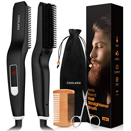 COOLKESI Ionic Hair Beard Straightener Comb, Faster Anti-Scald Ceramic Heated Beard Brush, Upgraded Portable Beard Straightening Comb 6 Adjustable Temp, Unique Stocking Stuffers Gift for Men (Black)