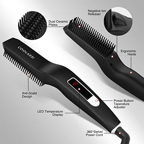 COOLKESI Ionic Hair Beard Straightener Comb, Faster Anti-Scald Ceramic Heated Beard Brush, Upgraded Portable Beard Straightening Comb 6 Adjustable Temp, Unique Stocking Stuffers Gift for Men (Black)
