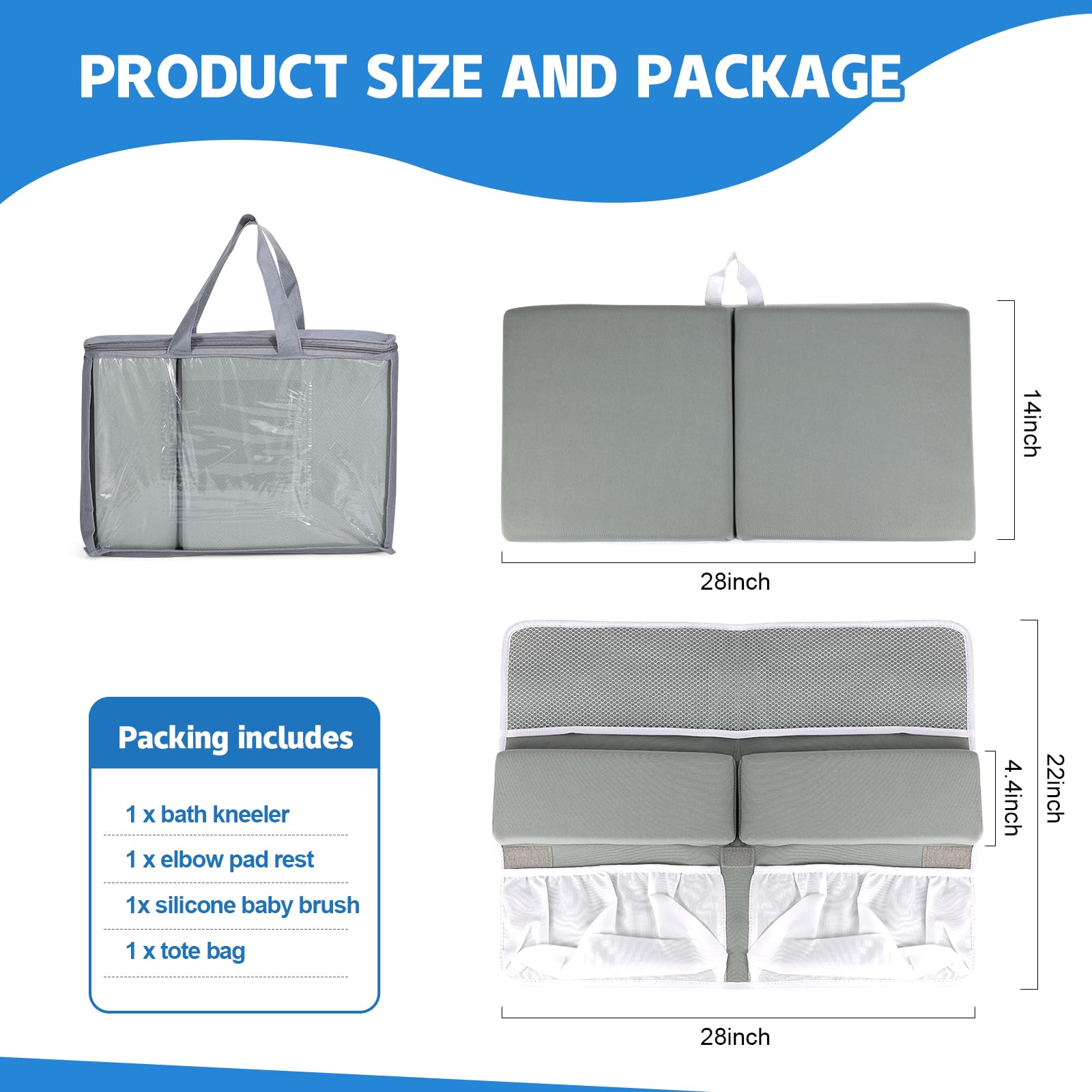 Baby Bath Kneeler and Elbow Rest Pad Set, Super Thick Non-Slip Bathing Kneeling Mat Quick Drying Foldable Knee Pad for Bathing Babies and Toddler Bathing with Toy Organizer Pockets, Gray