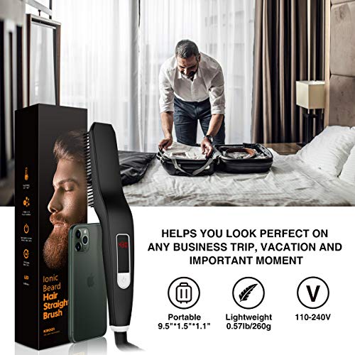 COOLKESI Ionic Hair Beard Straightener Comb, Faster Anti-Scald Ceramic Heated Beard Brush, Upgraded Portable Beard Straightening Comb 6 Adjustable Temp, Unique Stocking Stuffers Gift for Men (Black)