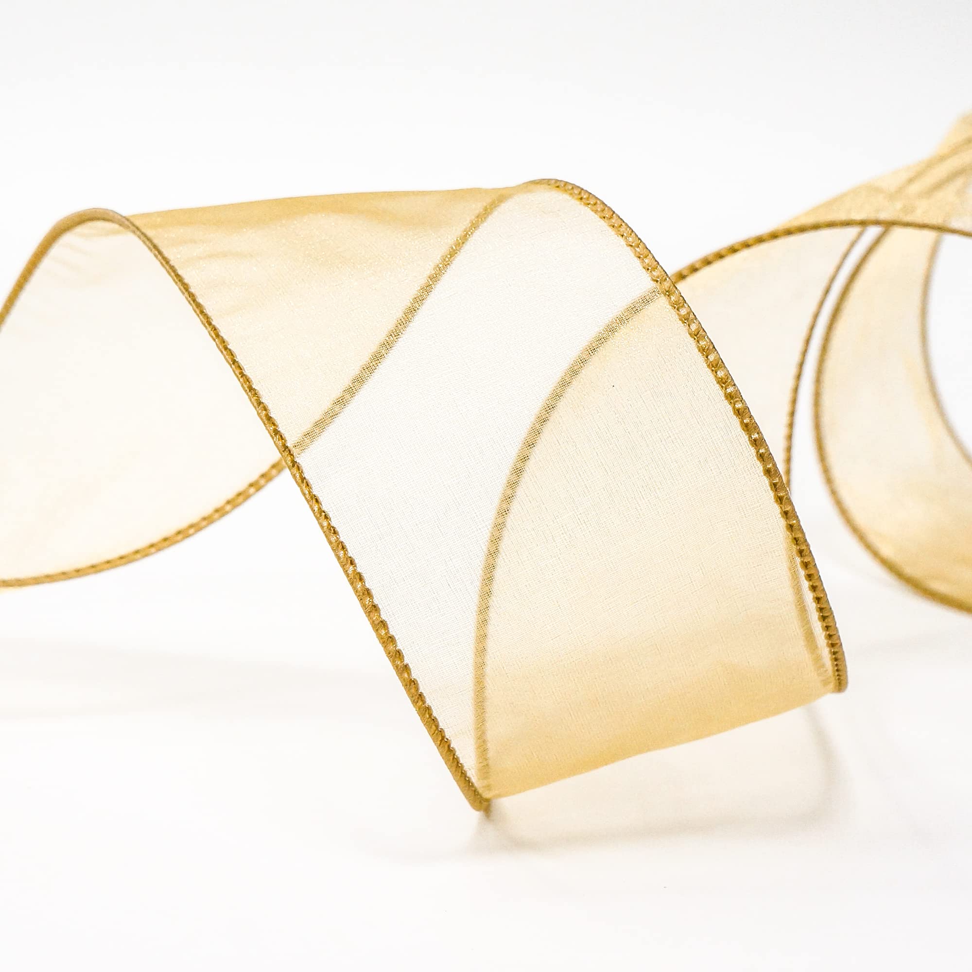 CT CRAFT LLC Sheer Organza Wired Ribbon 2.5" x 50Yards Tan (Gold) for Wedding Chair Bow Flora Bouquet Gift Wrapping Christmas Tree Home Decor Wreath