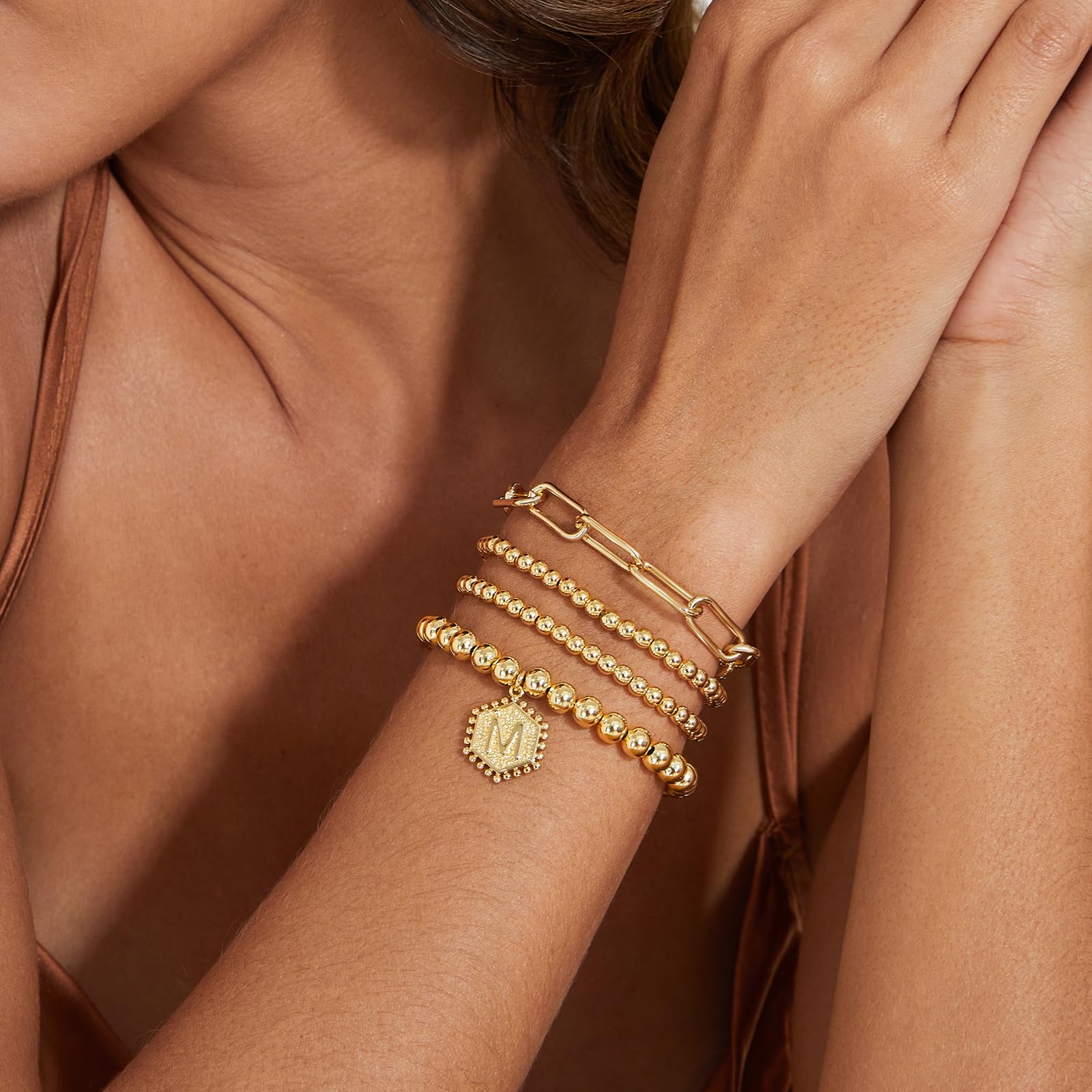 doubgood Gold Bracelets for Women, Stackable Initial Beaded Bracelet with Letter Pendant C Stretch Trendy Stack Jewelry Set for Mother's Day Valentines Gifts for Her
