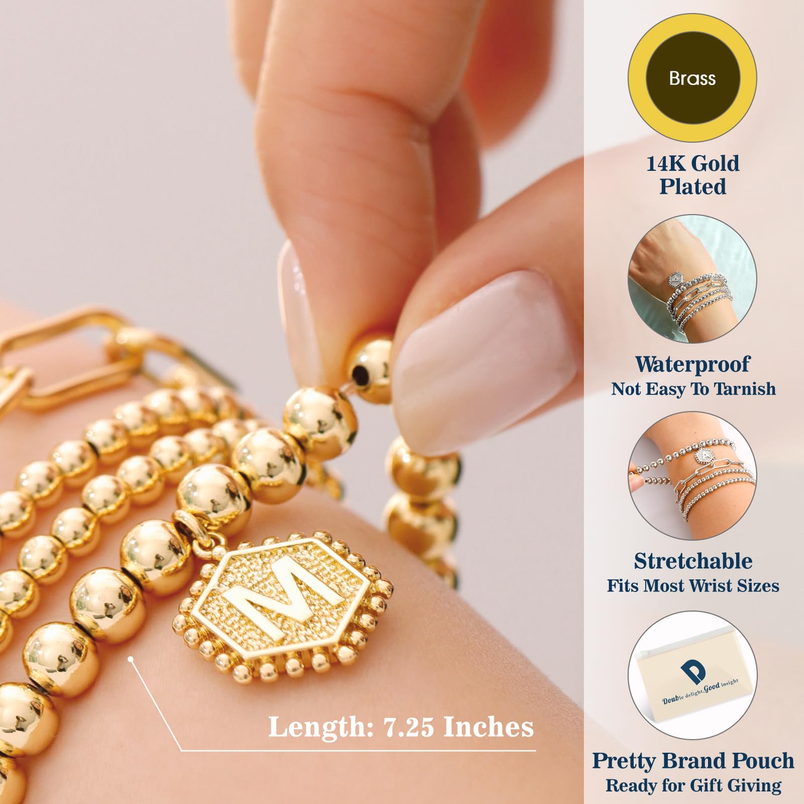 doubgood Gold Bracelets for Women, Stackable Initial Beaded Bracelet with Letter Pendant C Stretch Trendy Stack Jewelry Set for Mother's Day Valentines Gifts for Her