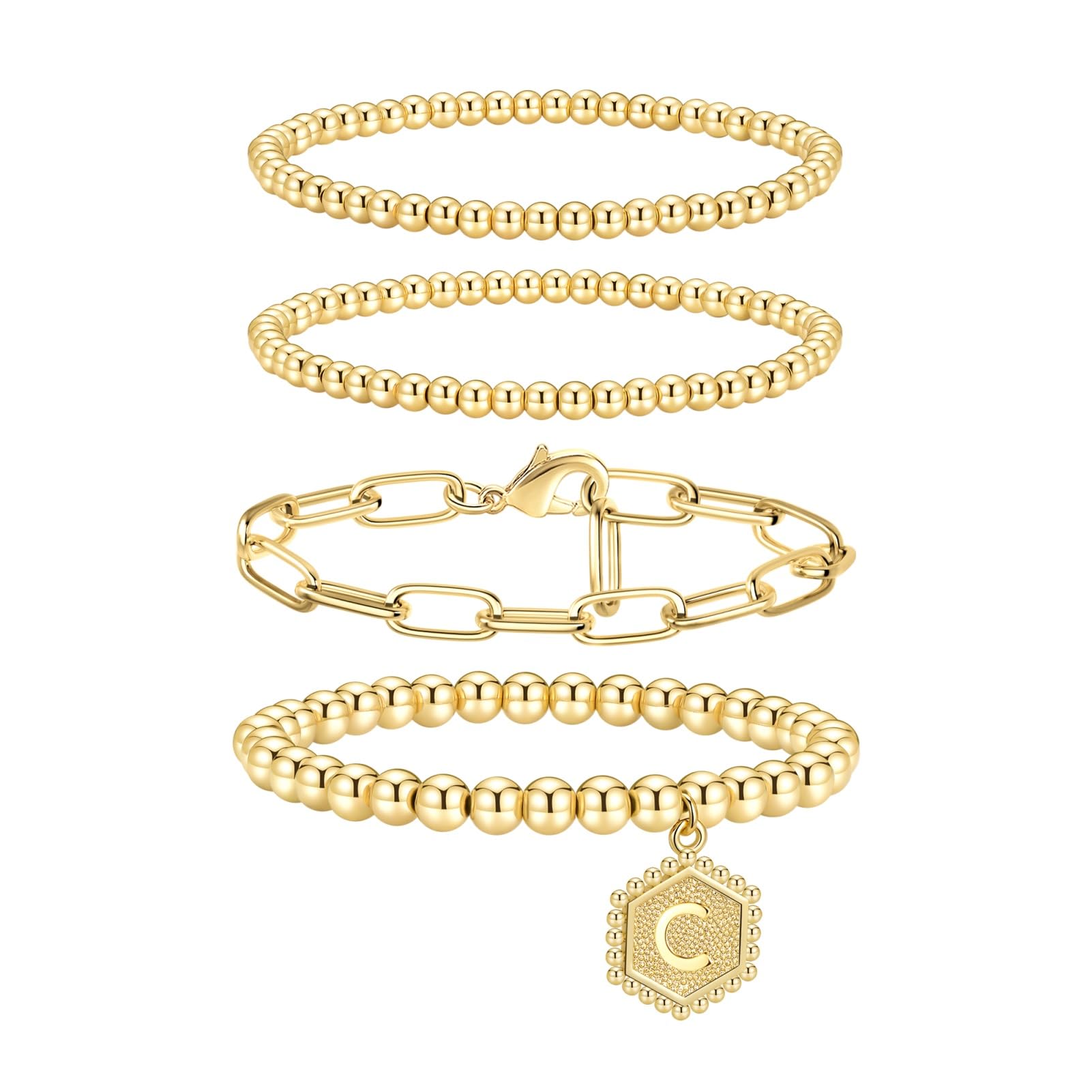 doubgood Gold Bracelets for Women, Stackable Initial Beaded Bracelet with Letter Pendant C Stretch Trendy Stack Jewelry Set for Mother's Day Valentines Gifts for Her