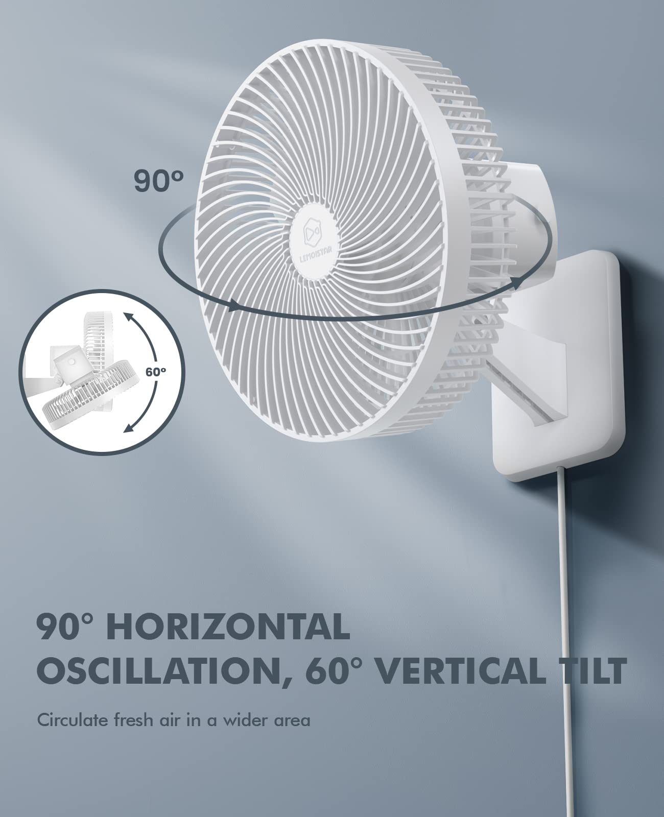 LEMOISTAR 10 Inch Wall Mounted Fan with Remote Control, 90°Oscillating, High Velocity 4 Speeds, Timer, Adjustable Tilt, 70Inch Cord, Ultra Quiet,for Bedroom Garage RV Office Home-White