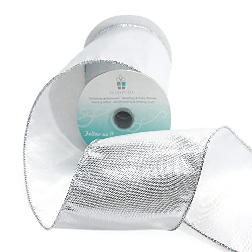 CT CRAFT LLC Silver Metallic Wired Ribbon 4 inch x 10 Yards for Christmas Home Decor Tree Topper Bow Gift Wrapping DIY Crafts Wreath Garland Wedding