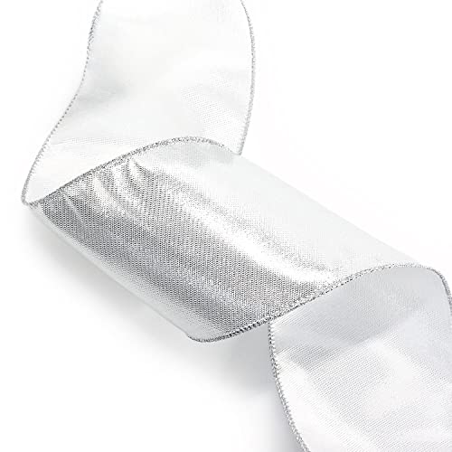 CT CRAFT LLC Silver Metallic Wired Ribbon 4 inch x 10 Yards for Christmas Home Decor Tree Topper Bow Gift Wrapping DIY Crafts Wreath Garland Wedding