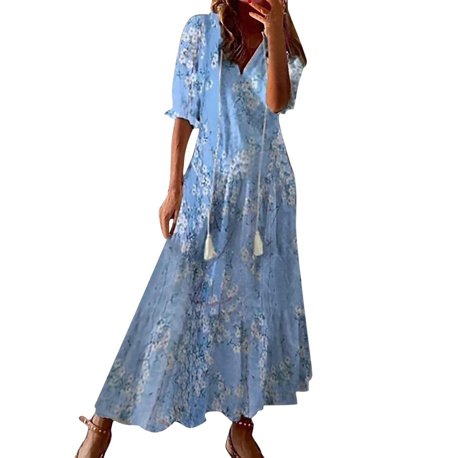 Cnebo New Women's Medium and Long Sleeve Dress with Tassels Wide Bohemian Print V Neck Length Sexy Summer Dresses for Women Blue