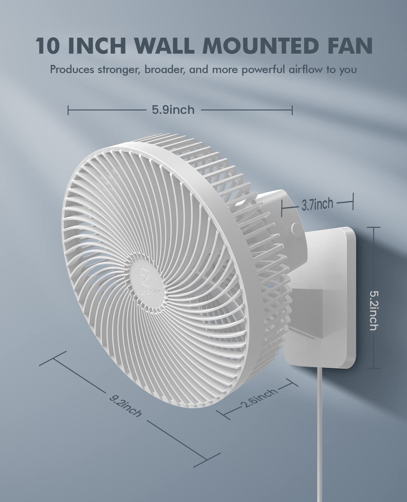 LEMOISTAR 10 Inch Wall Mounted Fan with Remote Control, 90°Oscillating, High Velocity 4 Speeds, Timer, Adjustable Tilt, 70Inch Cord, Ultra Quiet,for Bedroom Garage RV Office Home-White
