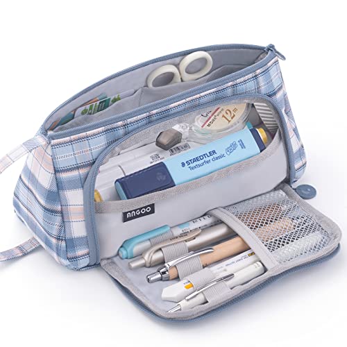 EASTHILL Big Capacity Pencil Case Canvas High Large Storage Pouch Marker Pen Case Simple Stationery Bag School College Office Organizer for Teens Girls Adults Student-Plaid Q