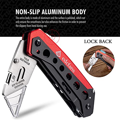 edcfans Folding Utility Knife Box Cutter with 5 Razor Blades, Screwdriver, Saw, Fruit Knife, Lock Design, Pocket Clip and Holder for Belt, EDC Heavy Duty Work Knifes, Gift for Men Dad Him