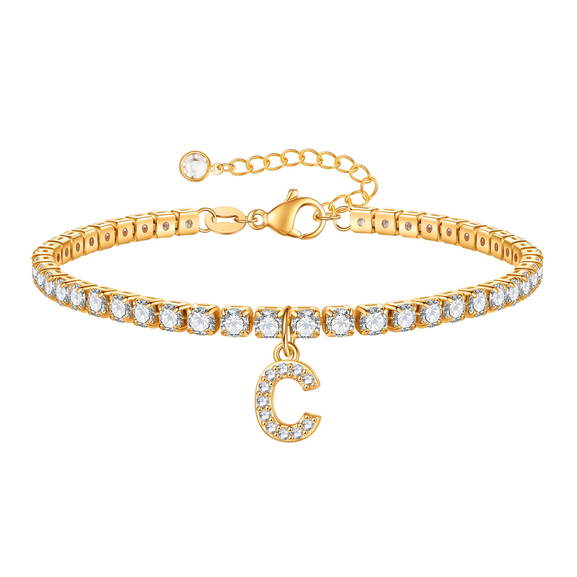 GLIJWELE Gold Bracelets for Women, 14K Gold Plated Bracelets for Women Initial Bracelets for Women Gold Tennis Bracelets for Women Letter Initial Bracelets For Women Gifts(C)