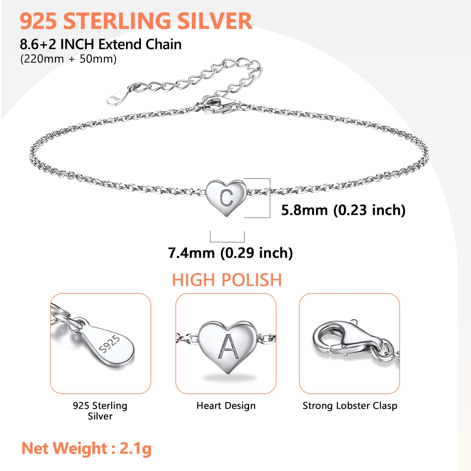 Silvora Dainty Heart Letter S925 Sterling Silver Anklet Initial Anklets for Women-Non-Tarnish Adjustable Ankle Bracelet for Women, Perfect Gift for Beach, Party, Everyday Wear