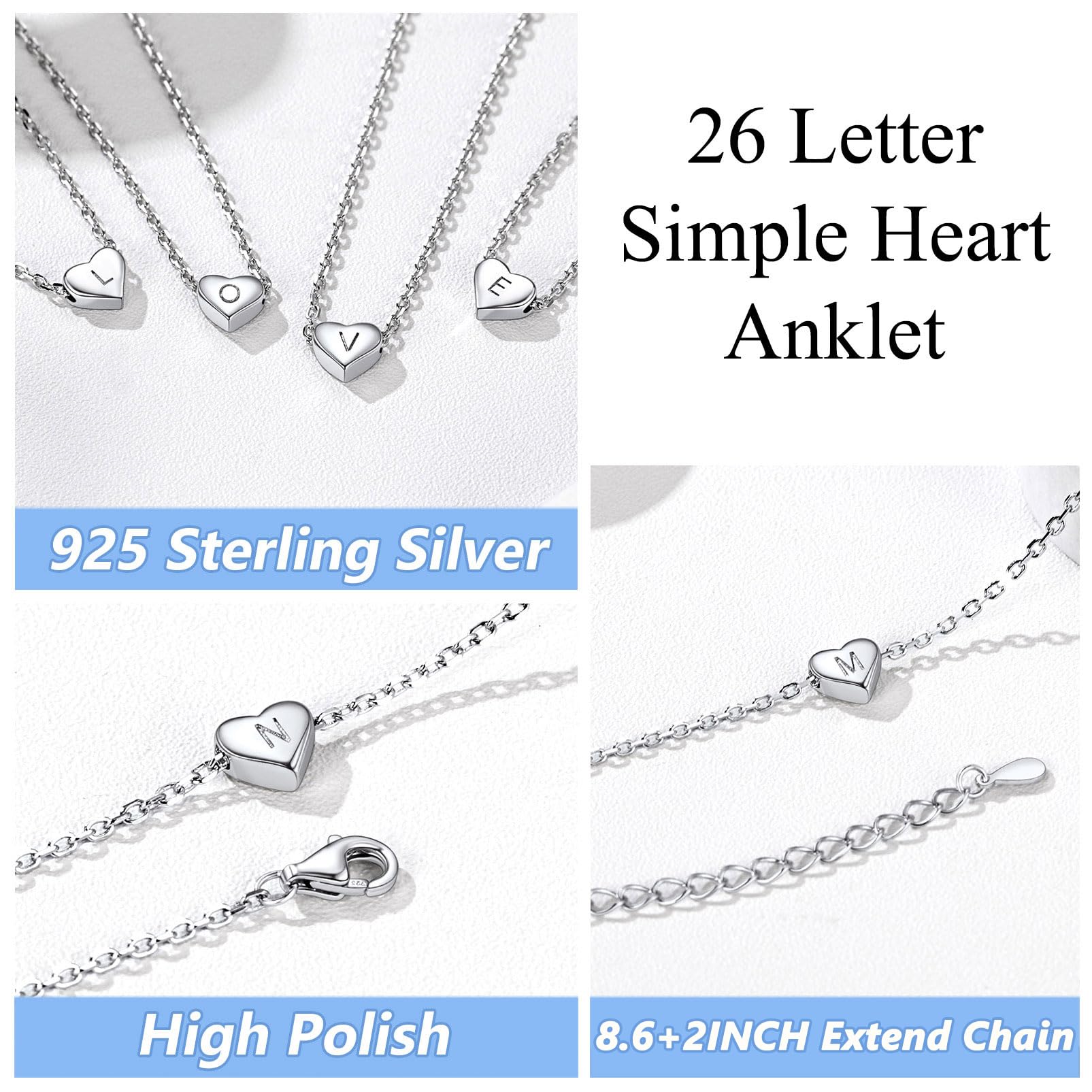 Silvora Dainty Heart Letter S925 Sterling Silver Anklet Initial Anklets for Women-Non-Tarnish Adjustable Ankle Bracelet for Women, Perfect Gift for Beach, Party, Everyday Wear