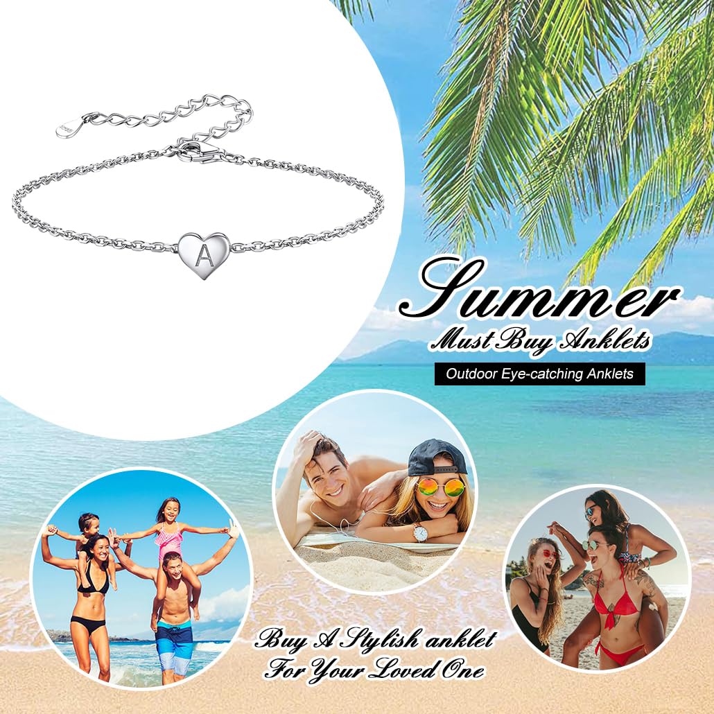 Silvora Dainty Heart Letter S925 Sterling Silver Anklet Initial Anklets for Women-Non-Tarnish Adjustable Ankle Bracelet for Women, Perfect Gift for Beach, Party, Everyday Wear