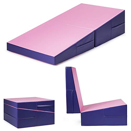Giantex Incline Gymnastics Mat Wedge Folding and Non-Folding Gymnastics Gym Fitness Skill Shape Tumbling Mat for Kids Play Home Exercise Aerobics (Light Pink/Purple 60"X30"X14")