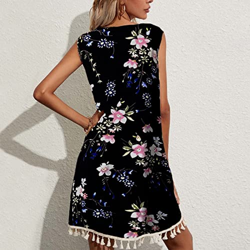 Midi Spring Dresses for Women 2023 2023 Women's Summer Loose Tassel Sleeveless Printed Dress Black