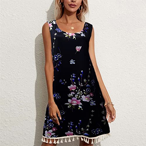 Midi Spring Dresses for Women 2023 2023 Women's Summer Loose Tassel Sleeveless Printed Dress Black
