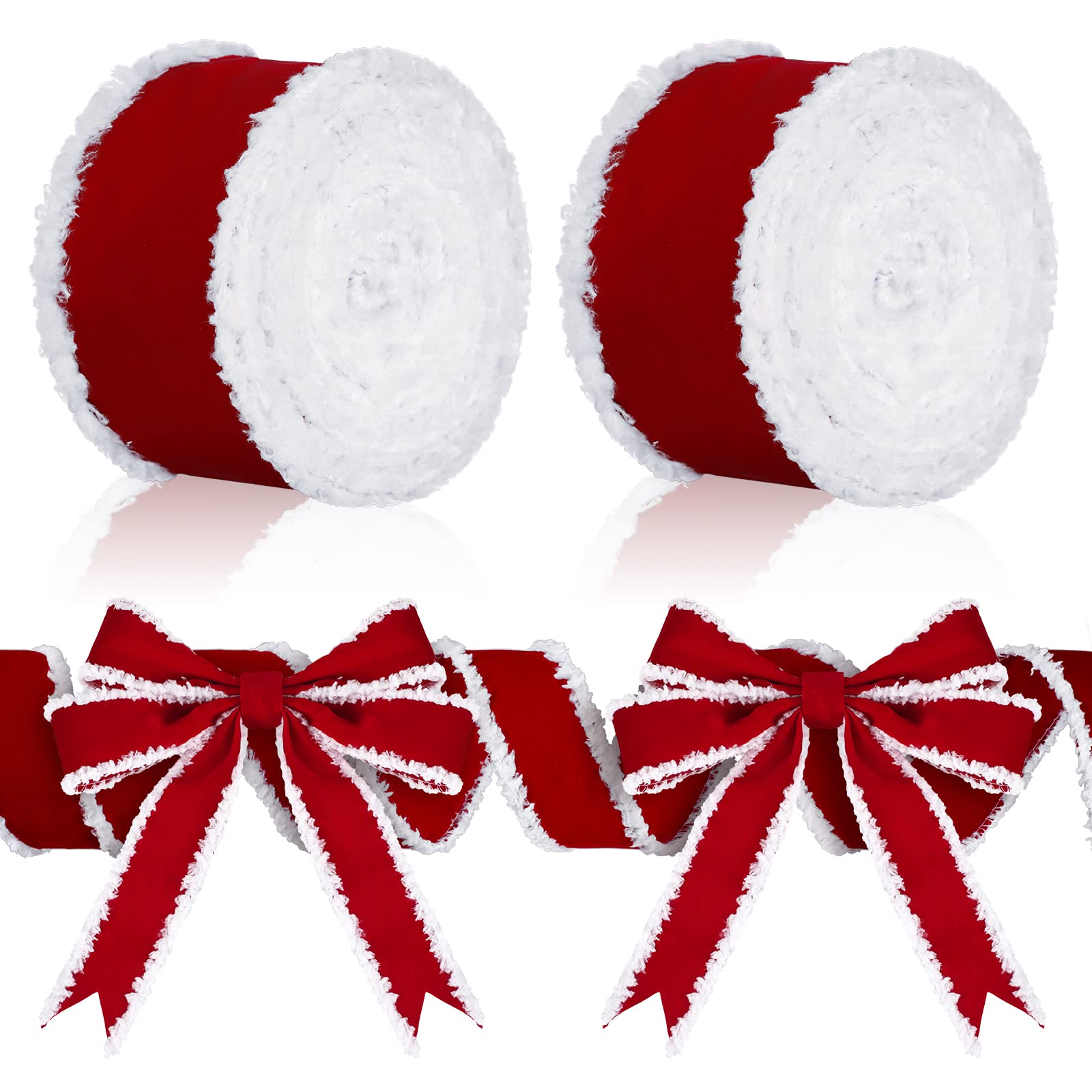 2 Rolls Christmas Velvet Decorative Ribbons - Craft DIY Ribbons with Wire Edge for Christmas & Holiday Decoration (Red, 1.5 Inch x 12 Yard)
