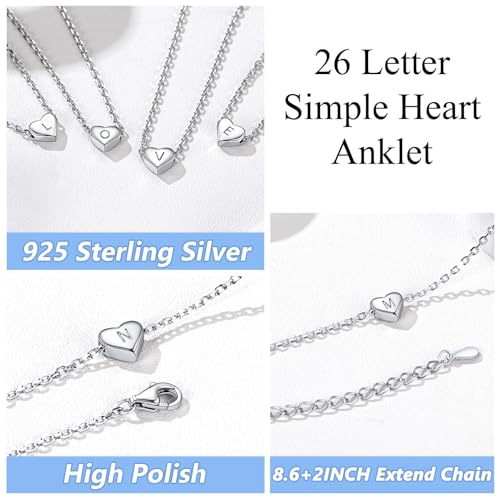 Silvora Dainty Heart Letter S925 Sterling Silver Anklet Initial Anklets for Women-Non-Tarnish Adjustable Ankle Bracelet for Women, Perfect Gift for Beach, Party, Everyday Wear