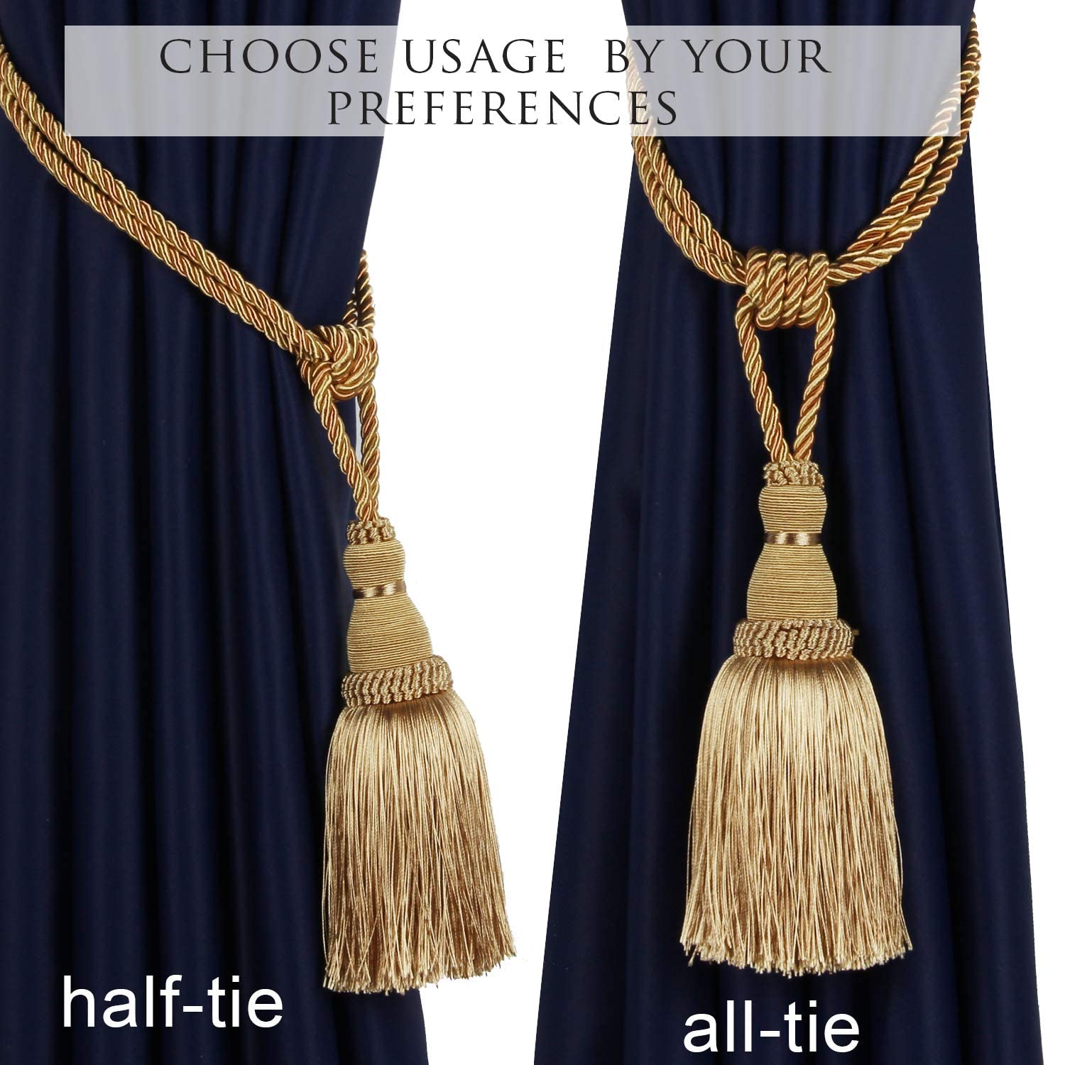 BEL AVENIR 4 Pack Curtain Tiebacks Tassel Drapery Tie-Backs Rope Handmade Holdbacks Home Office Hotel Decorative (Gold)
