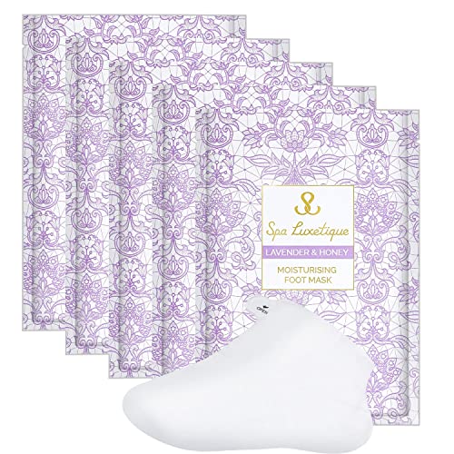 Foot Mask - 5 Pairs Lavender & Honey Foot Spa for Rough Dry Cracked Feet Reduce Dead Skin, Moisturizing Socks for Baby Foot, Relaxing Soft Feet Treatment for Women & Men, Foot Care Christmas Gifts