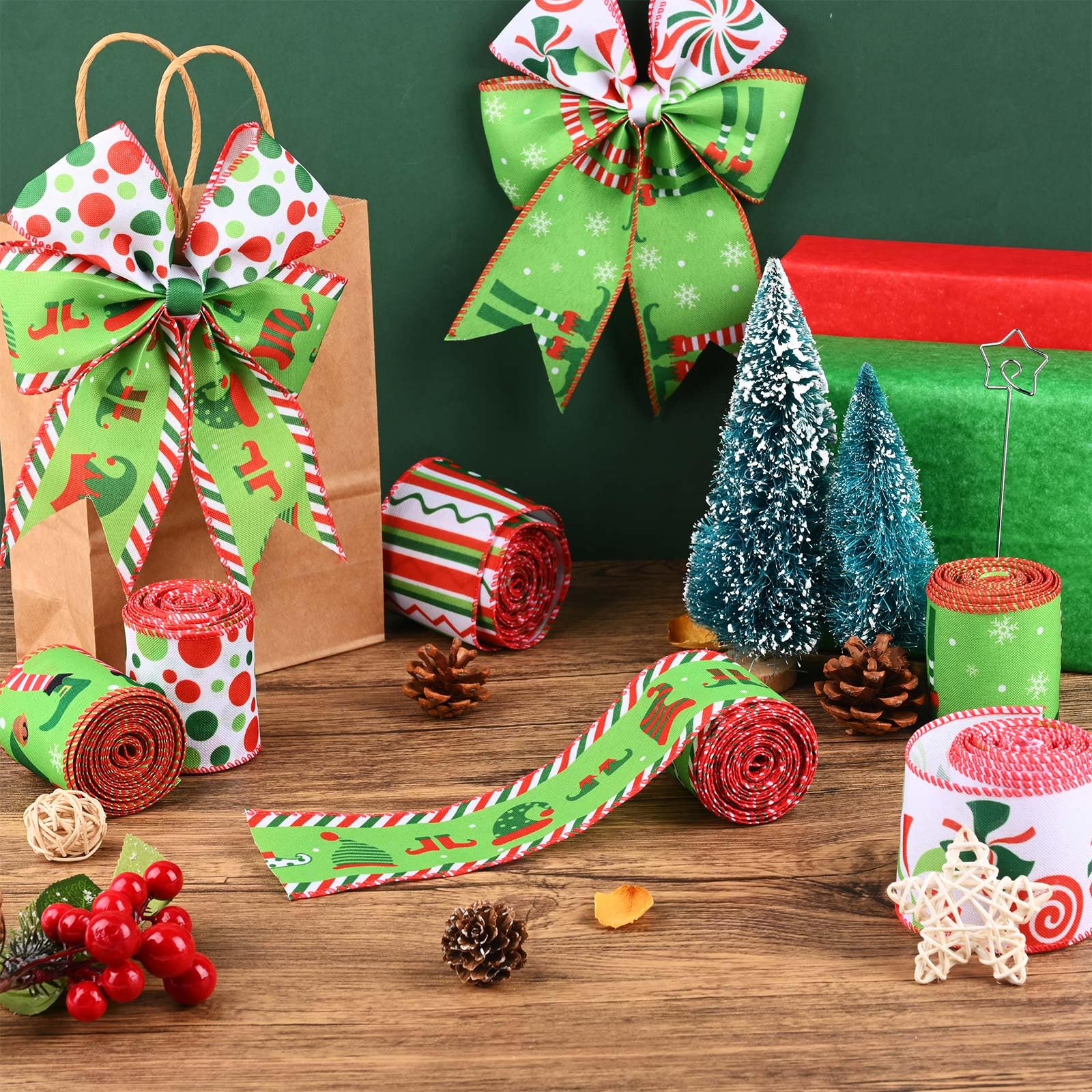 Honic 6 Rolls 30 Yards Christmas Elf Wired Edge Ribbon Elf Hats Legs Multi Dots Stripes Swirl Diagonal Decorative Ribbon for Gift Wrapping Xmas Tree Wreath DIY Crafts