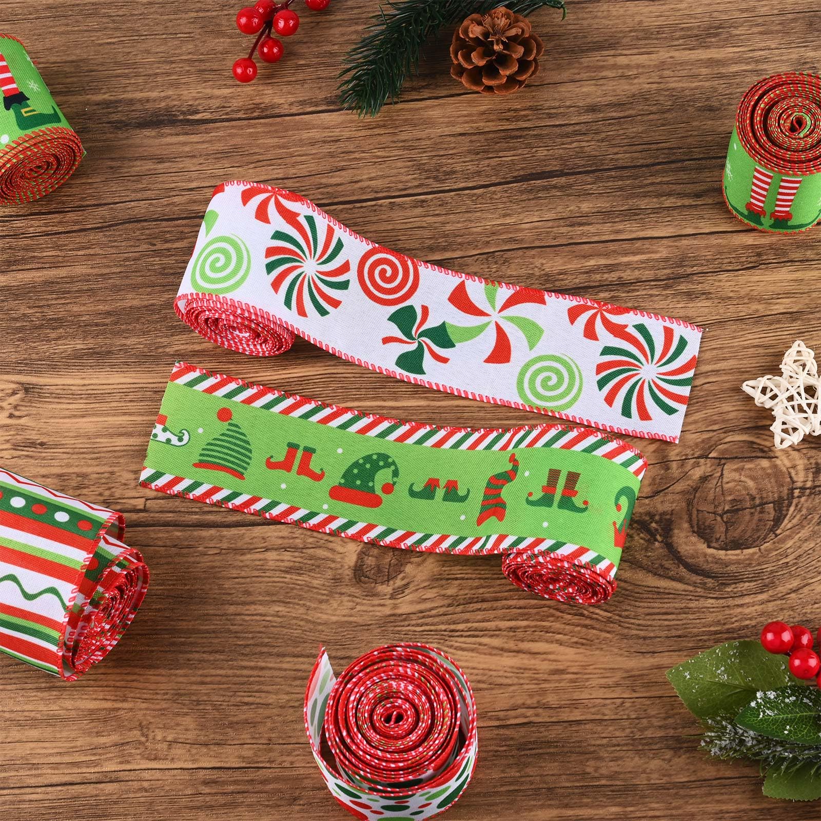 Honic 6 Rolls 30 Yards Christmas Elf Wired Edge Ribbon Elf Hats Legs Multi Dots Stripes Swirl Diagonal Decorative Ribbon for Gift Wrapping Xmas Tree Wreath DIY Crafts