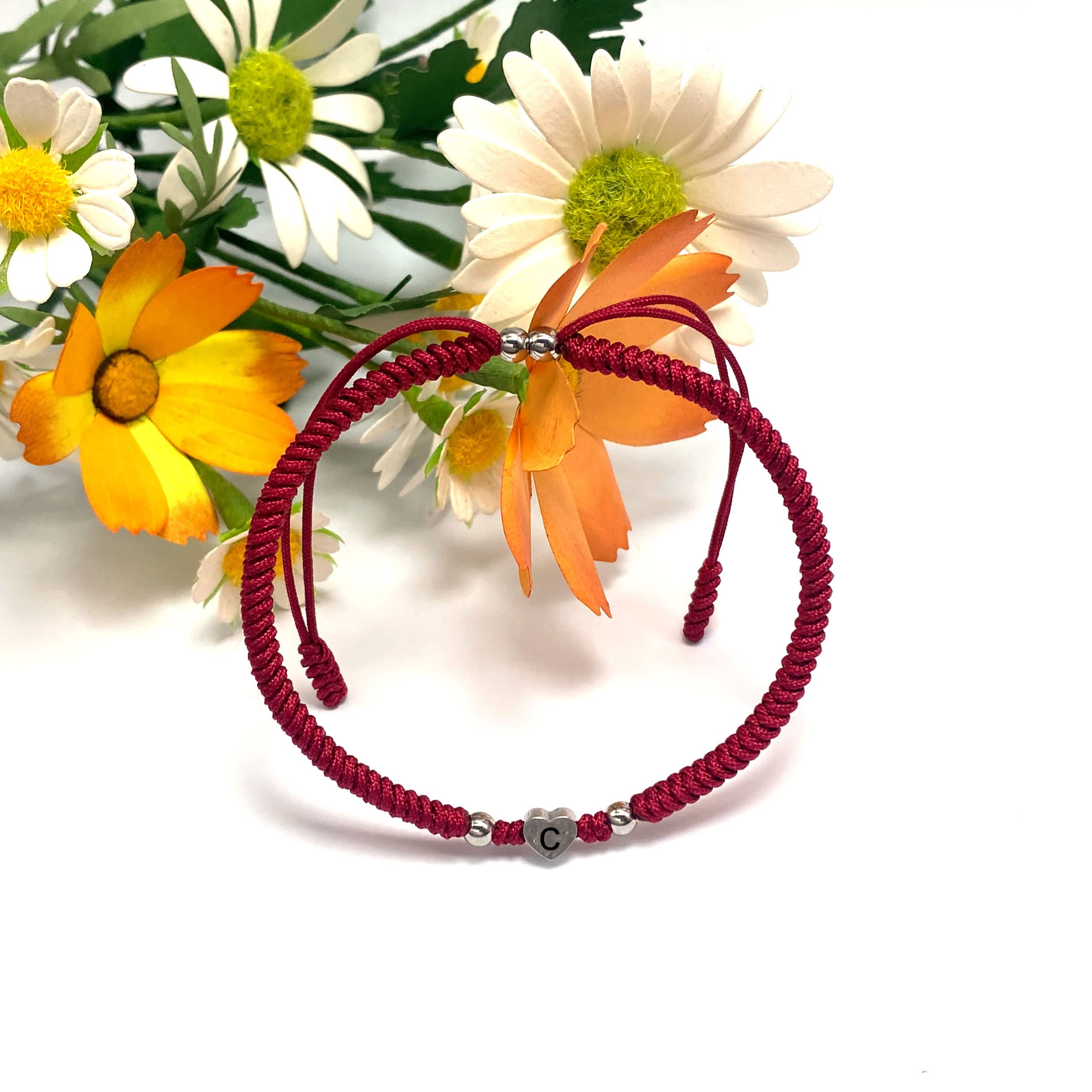 LAMIBEE Initial Bracelet Letter C, Dark Red Protection with Heart Initial Bracelet, Matching String for Couples, Gift for Women, Men, Friend Birthday, Graduation (Letter C)