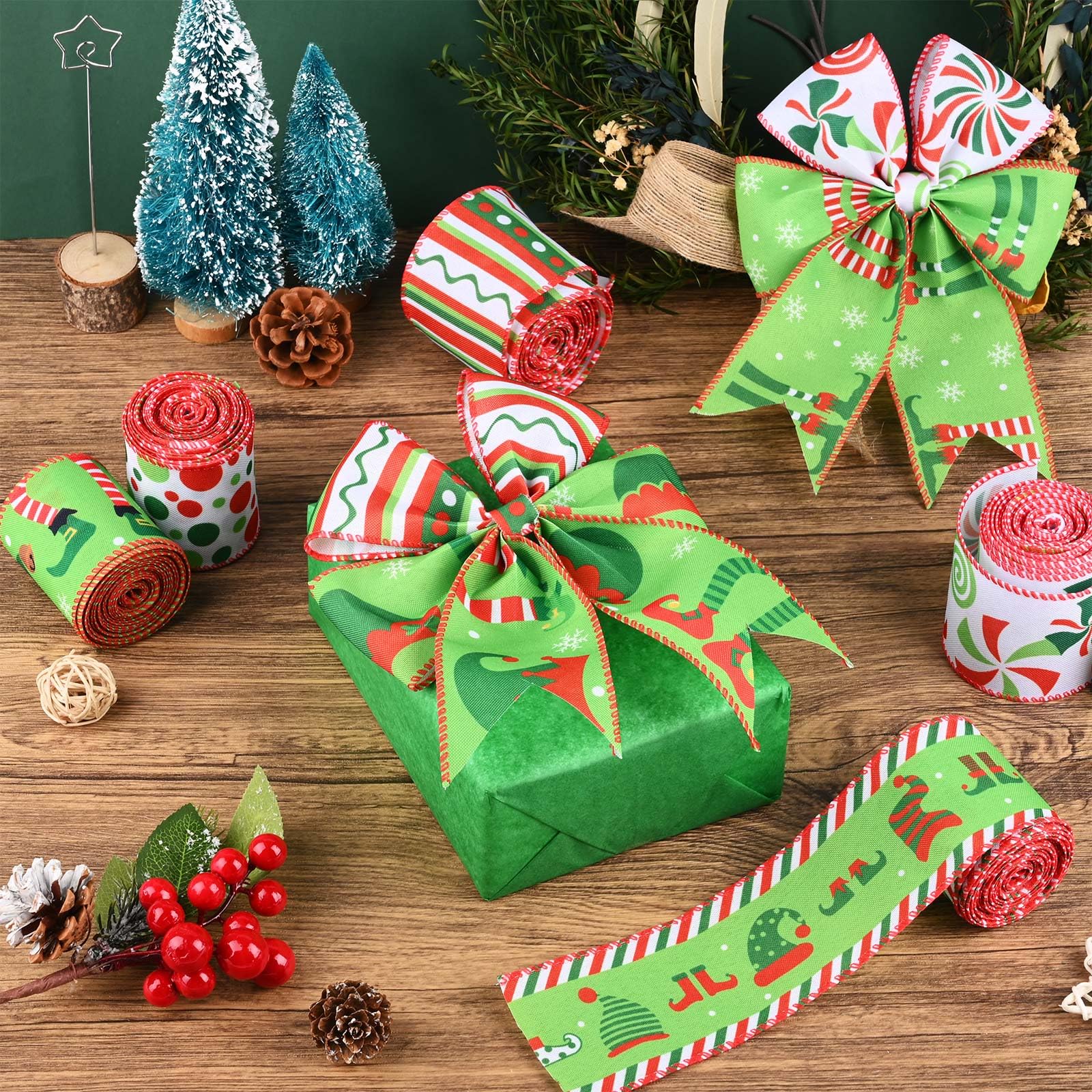 Honic 6 Rolls 30 Yards Christmas Elf Wired Edge Ribbon Elf Hats Legs Multi Dots Stripes Swirl Diagonal Decorative Ribbon for Gift Wrapping Xmas Tree Wreath DIY Crafts