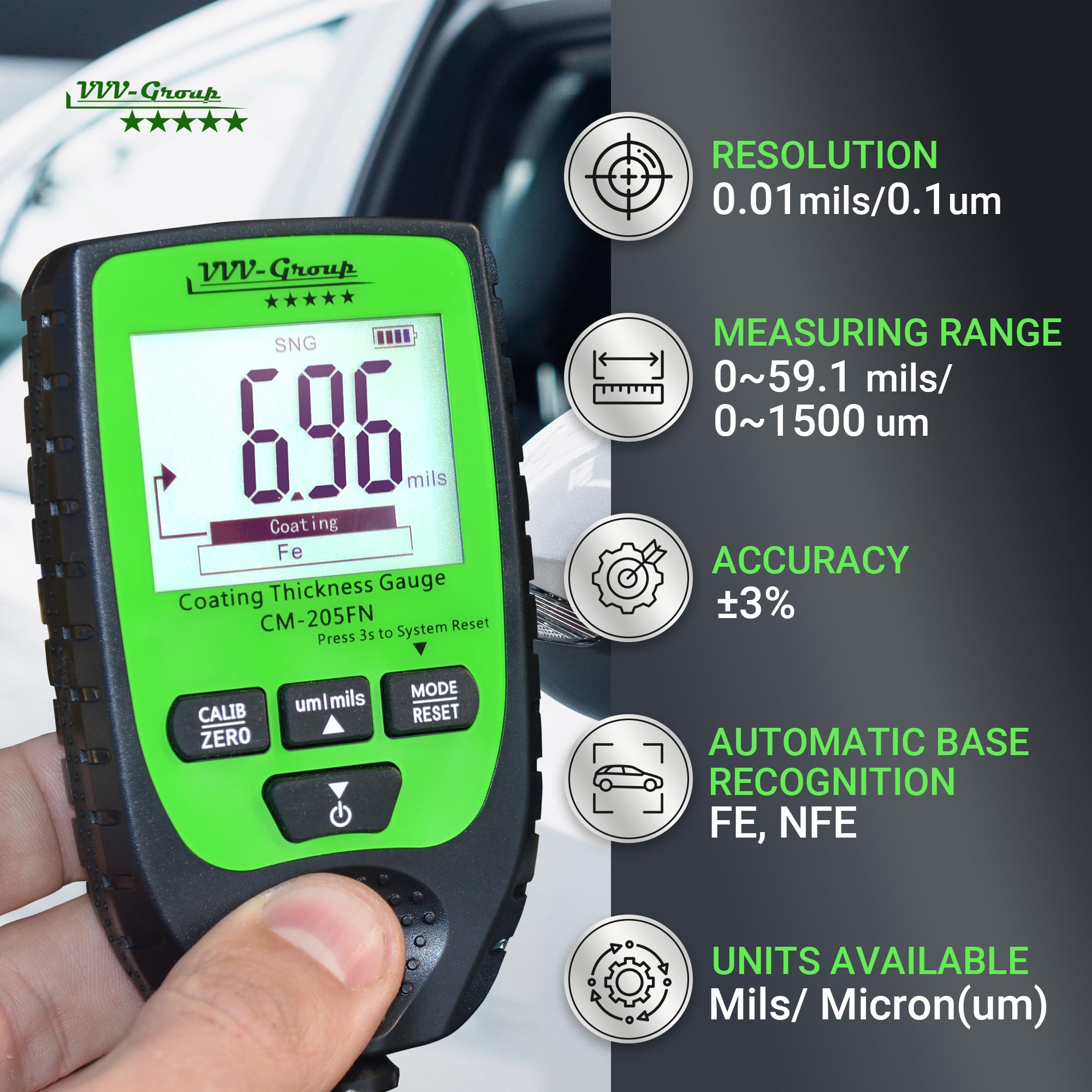 Paint Thickness Meter CM-205FN | Best Mil Coating Depth Gauge Tester for Cars with Resol 0.01mil | F/NF Measuring