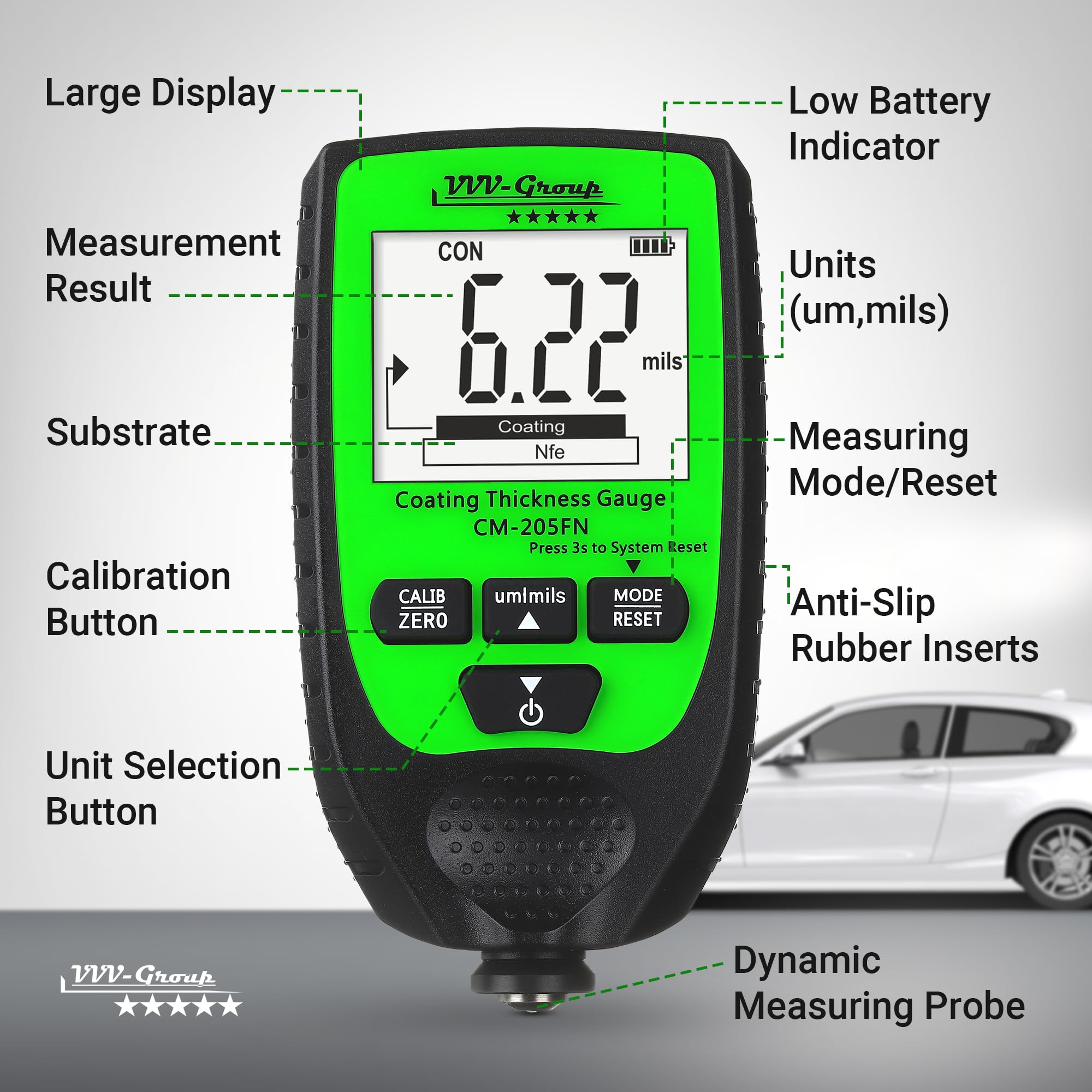 Paint Thickness Meter CM-205FN | Best Mil Coating Depth Gauge Tester for Cars with Resol 0.01mil | F/NF Measuring