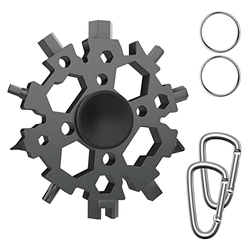 23-in-1 Snowflake Multitool, Roylvan Stainless Steel Snowflake Multi Tool Gadgets Flat Cross Screwdriver Kit Portable Outdoor Camping Bottle Opener Wrench with 2pcs Carabiners, Black