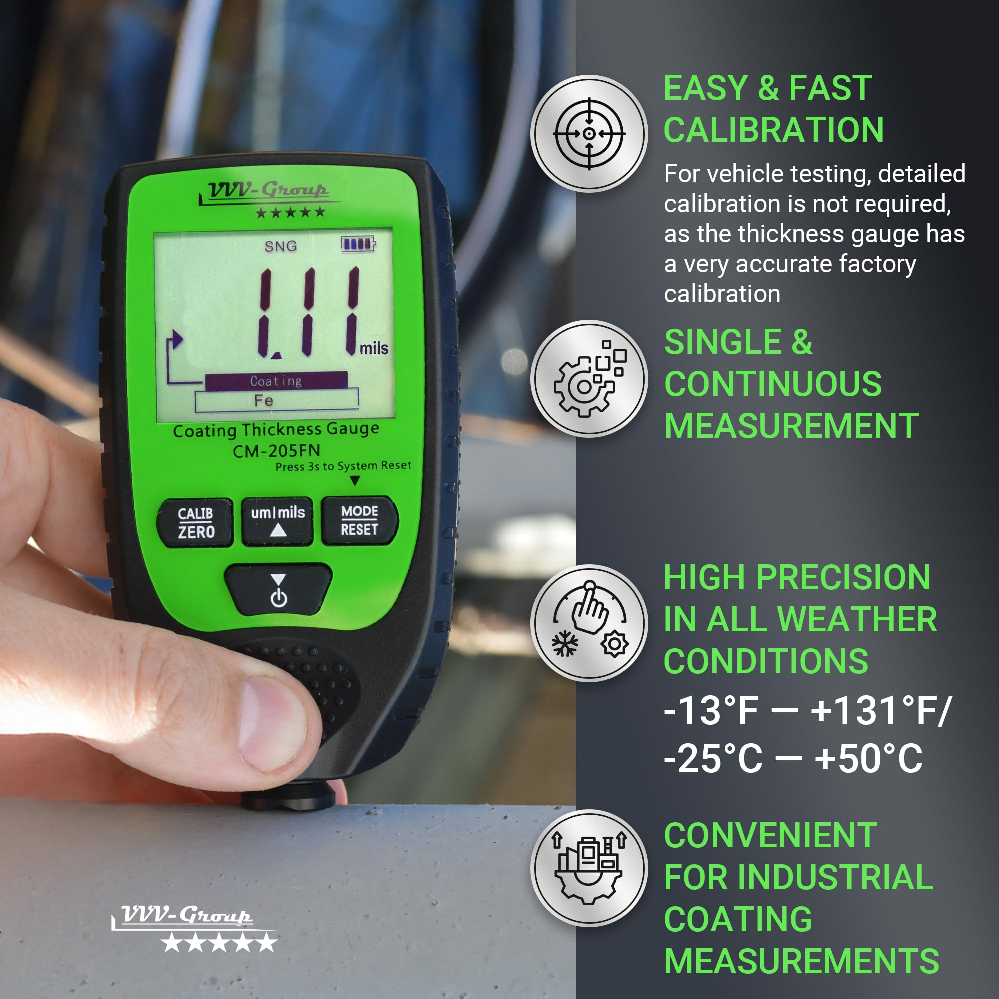Paint Thickness Meter CM-205FN | Best Mil Coating Depth Gauge Tester for Cars with Resol 0.01mil | F/NF Measuring