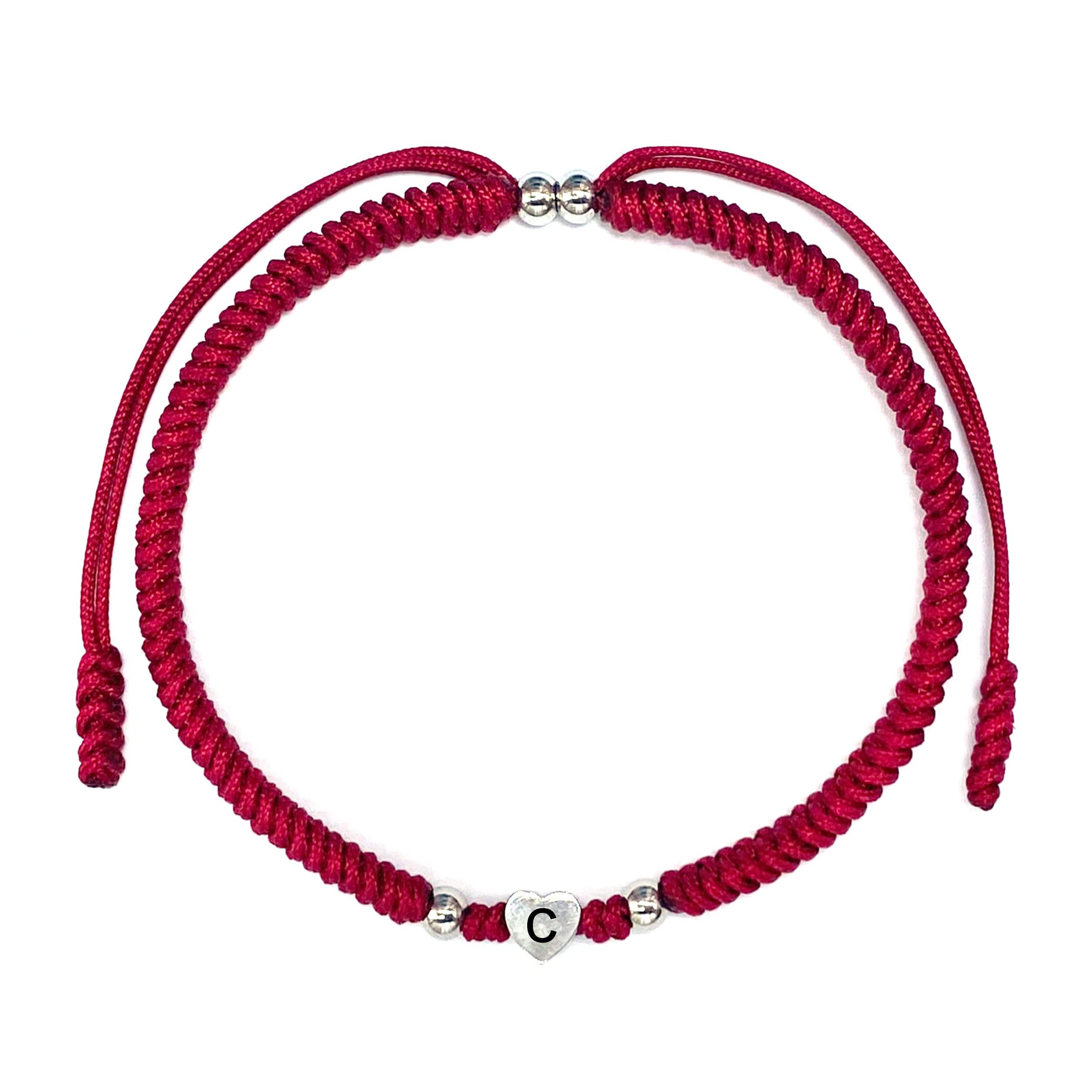 LAMIBEE Initial Bracelet Letter C, Dark Red Protection with Heart Initial Bracelet, Matching String for Couples, Gift for Women, Men, Friend Birthday, Graduation (Letter C)