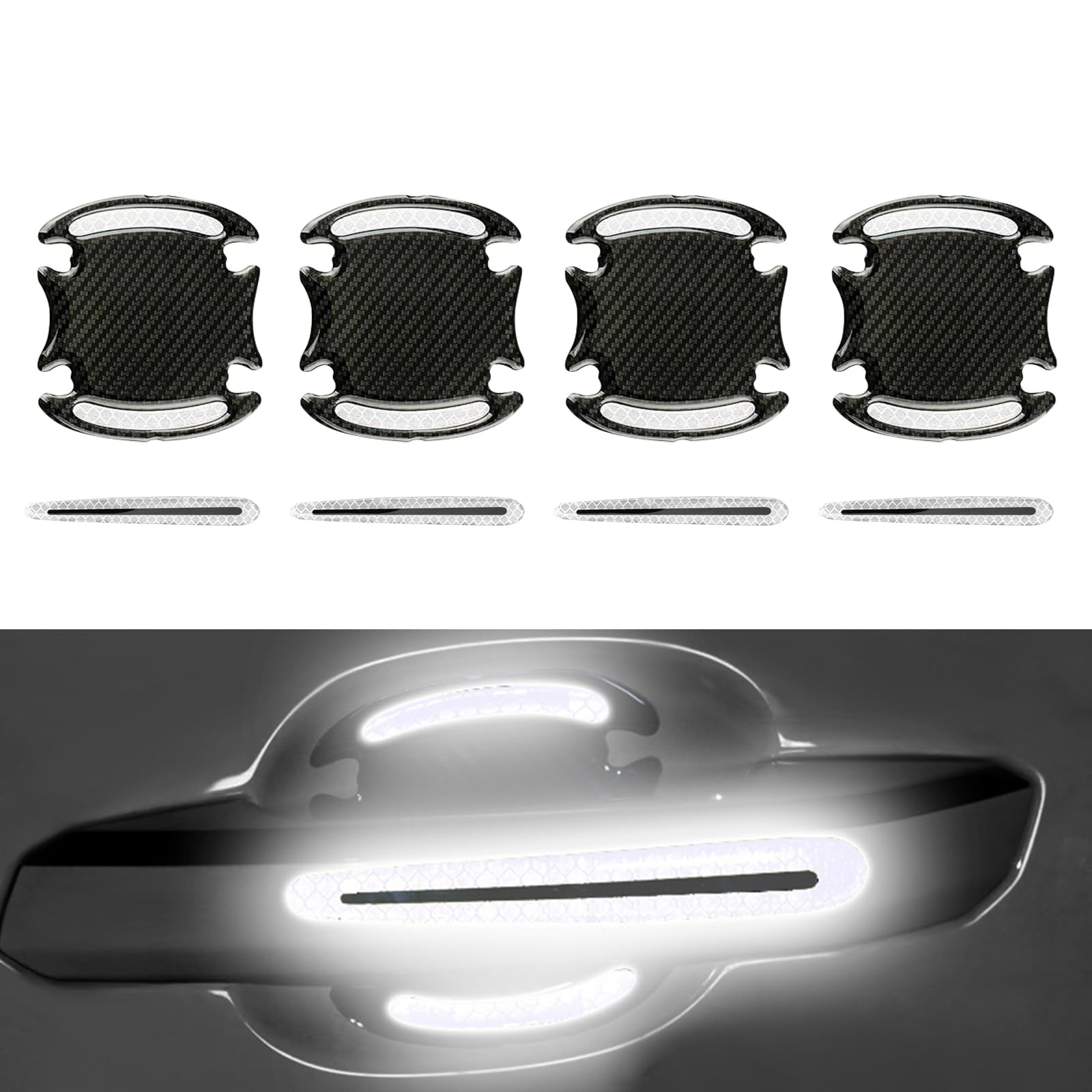 Yumfugu 8 PCS Car Door Handle Sticker, 4 PCS 3.5In x 3.2In Reflective Rubber Vehicle Door Bowl Stickers, 4 PCS 3.5In x 0.5In Handle Protection Film, Universal Warning Protector (White)