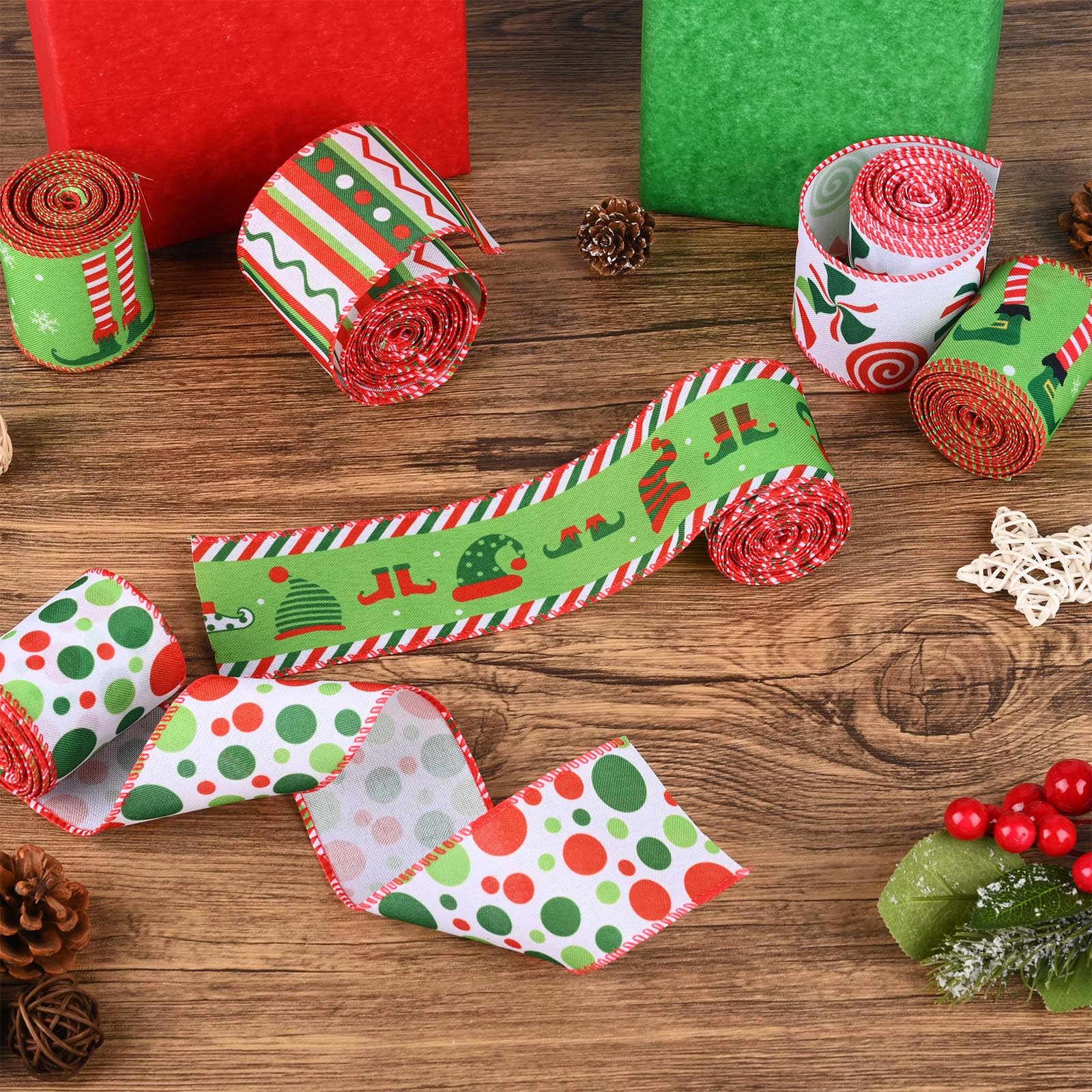 Honic 6 Rolls 30 Yards Christmas Elf Wired Edge Ribbon Elf Hats Legs Multi Dots Stripes Swirl Diagonal Decorative Ribbon for Gift Wrapping Xmas Tree Wreath DIY Crafts