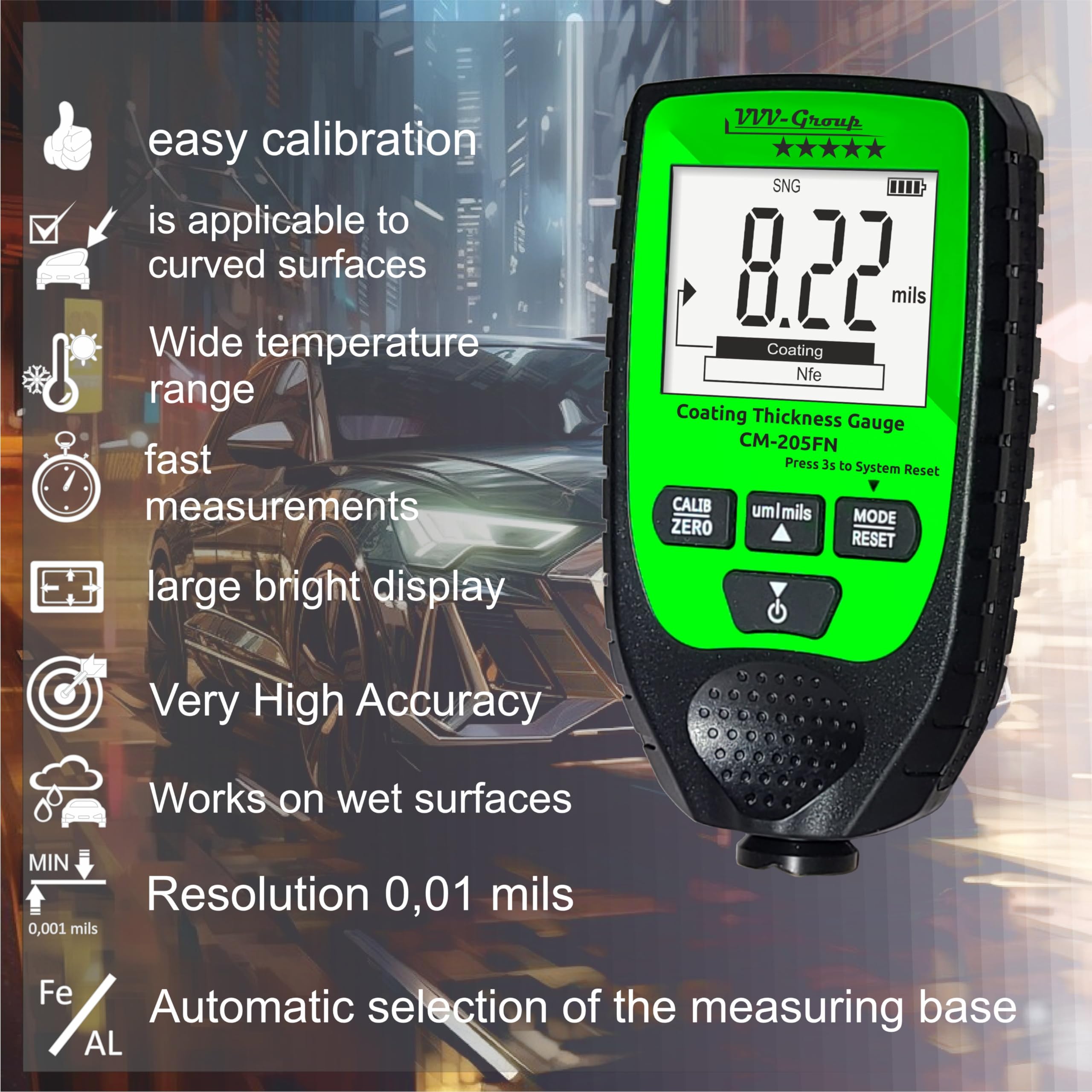 Paint Thickness Meter CM-205FN | Best Mil Coating Depth Gauge Tester for Cars with Resol 0.01mil | F/NF Measuring