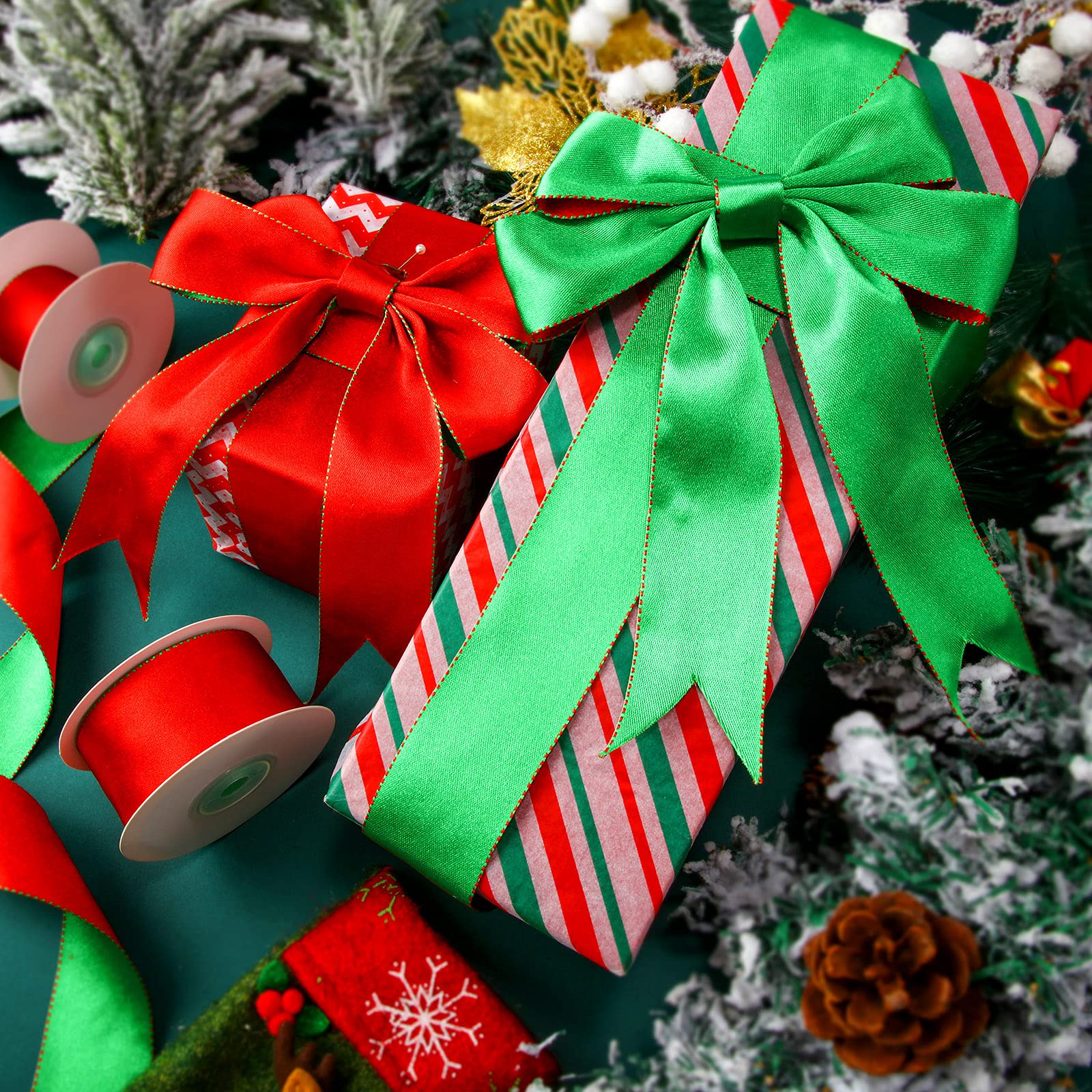 3 Rolls Christmas Ribbon 1.5 Inch 18 Yard Double Faced Ribbon Polyester Fabric Ribbon Roll for Christmas Tree Present Garland Bow Wreath Garland Wrapping Home Decoration (Green Red)