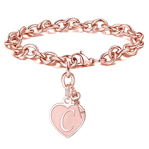 M MOOHAM Charm Bracelets for Women Girls, Rose Gold Letter C Initial Charm Bracelet Mothers Day Valentines Gifts for Women Jewelry, Bridesmaid Proposal Gifts for Wedding