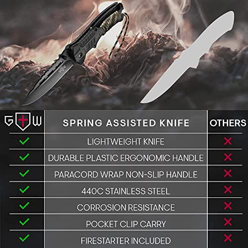 Bundle of 2 Items- Black Pocket Knife - Serrated Sharp 3,5" Blade Folding Knives -Best EDC Survival Hiking Hunting Camping Knife - Knife with Firestarter and Whistle Grand Way
