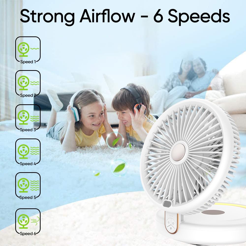 Jassco Air Circulator Fan, Table Fan, Portable Oscillating Desktop Fan, Wall-Mounted Fan, 6 Speeds, Personal Cooling Fan with LED Night Light for Home, Dorm, Workout,White