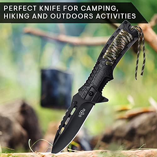 Bundle of 2 Items- Black Pocket Knife - Serrated Sharp 3,5" Blade Folding Knives -Best EDC Survival Hiking Hunting Camping Knife - Knife with Firestarter and Whistle Grand Way