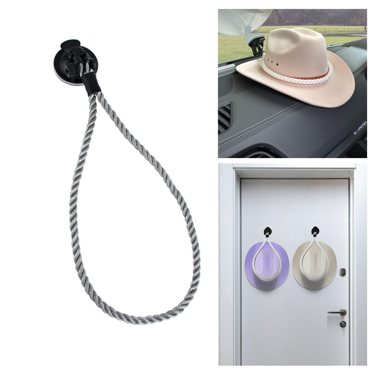 Yumfugu 1 PC Car Cowboy Hat Mounts with 35.4In Rope, 2.6In Plastic Automotive Dash Hat Rack Suction Cup Hook, Universal Vehicle Hat Holder Accessories for Cars Trucks SUVs Home Doors (Gray)