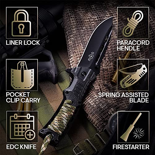 Bundle of 2 Items- Black Pocket Knife - Serrated Sharp 3,5" Blade Folding Knives -Best EDC Survival Hiking Hunting Camping Knife - Knife with Firestarter and Whistle Grand Way