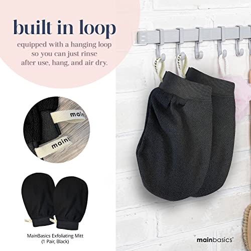 MainBasics Korean Exfoliating Mitts - Dead Skin Remover - Body Exfoliator Scrubber - Deep Exfoliating Gloves for Soft Skin - 100% Viscose Fiber (1 Pair, Black)