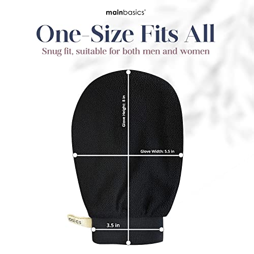 MainBasics Korean Exfoliating Mitts - Dead Skin Remover - Body Exfoliator Scrubber - Deep Exfoliating Gloves for Soft Skin - 100% Viscose Fiber (1 Pair, Black)