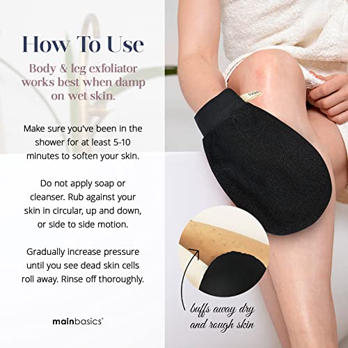 MainBasics Korean Exfoliating Mitts - Dead Skin Remover - Body Exfoliator Scrubber - Deep Exfoliating Gloves for Soft Skin - 100% Viscose Fiber (1 Pair, Black)
